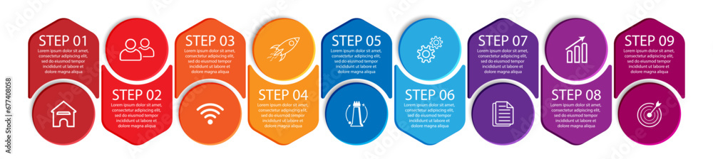 9 step 3d vector infographic, simple design with various interconnected ...