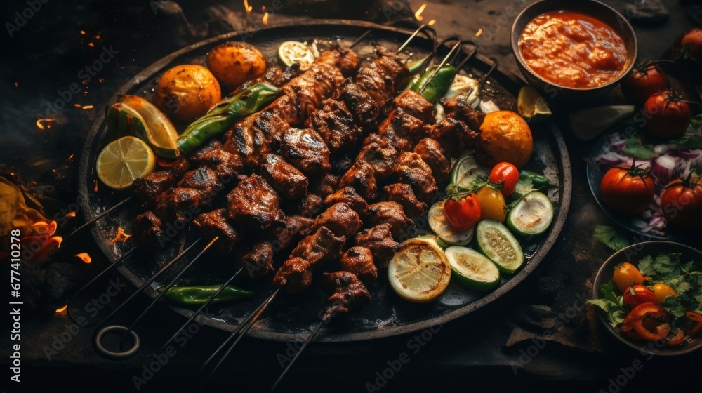 A cinematic overhead shot of a sizzling satay grill, showcasing skewers ...