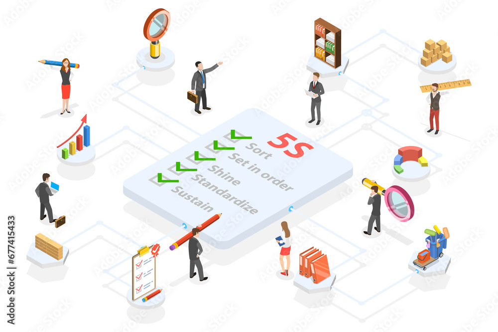 3D Isometric Flat Conceptual Illustration of Workplace Organization 5S Methodology, Sort, Set in ...