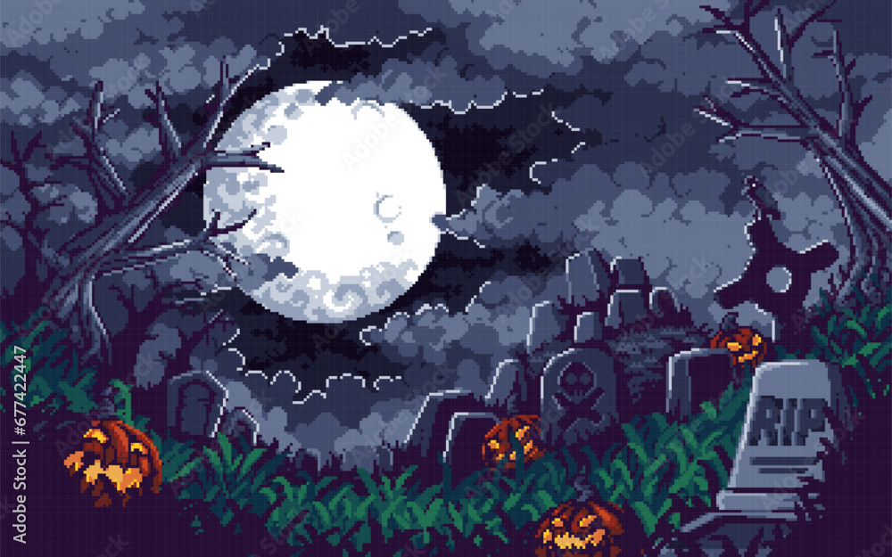 Pixel art illustration Halloween background. Pixelated Grave. Inside ...