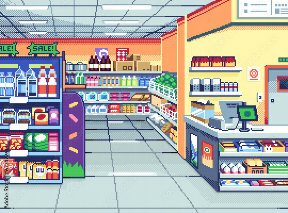 Pixel art illustration supermarket background. Pixelated inside store ...