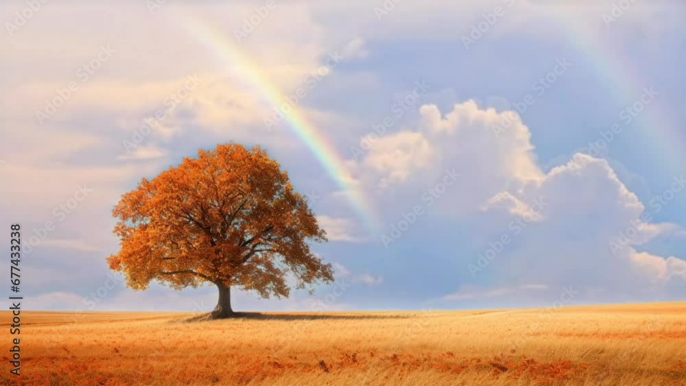 Autumn nature background. old oak tree in fall alone in a field with ...