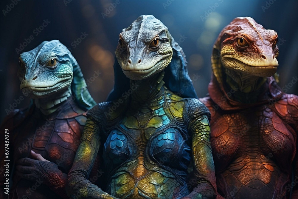 Familia de reptilianos, coloridos, colores brillantes, piel de lagarto ...