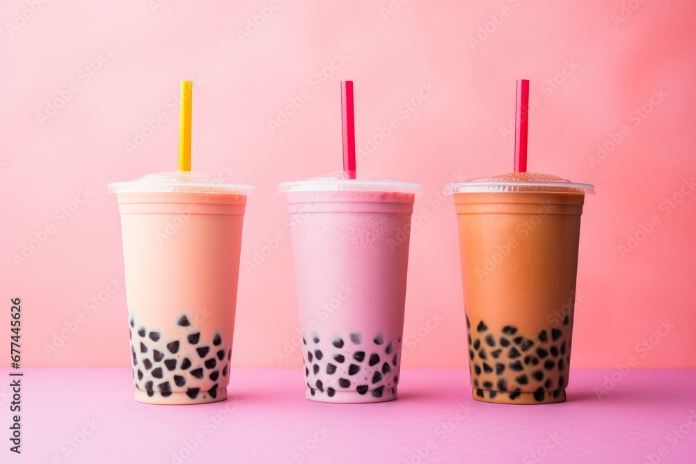 Varieties of Boba Tea showcased against a backdrop of pink Stock Photo ...