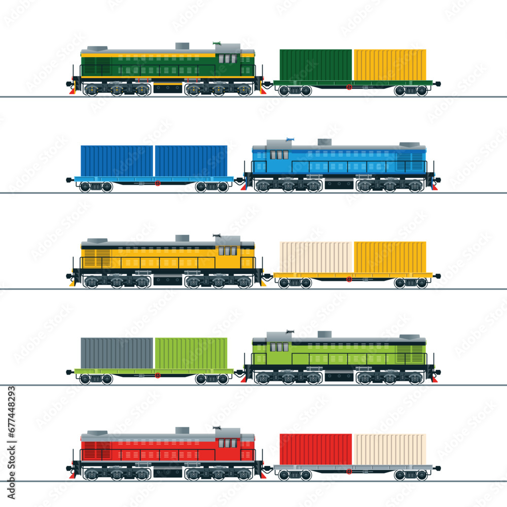 A diesel locomotive and a platform car with containers. Vector image in ...