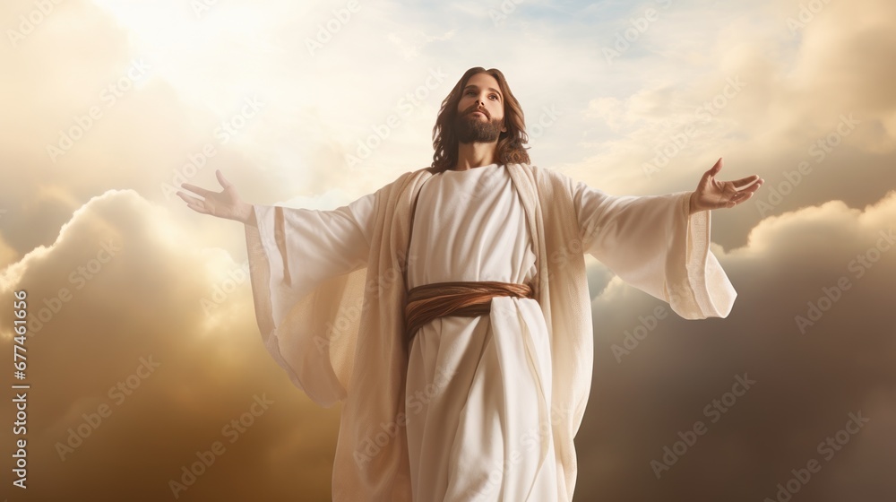 Jesus in robe stands with hands wide raised to heaven calling on people ...