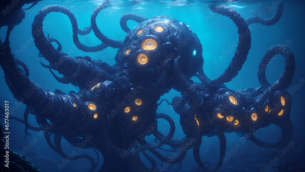 a magnificent kraken emerges from the depths of the ocean. The intricately detailed creature ...