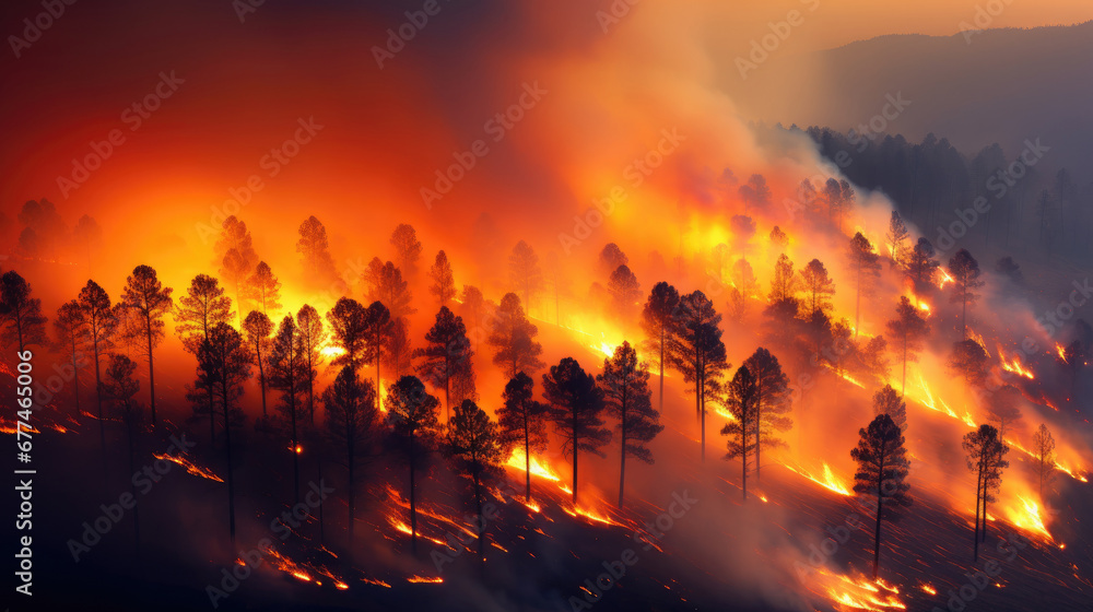 fire in the forest with huge smoke, Terrible forest fires, annual natural disasters. Forests are ...