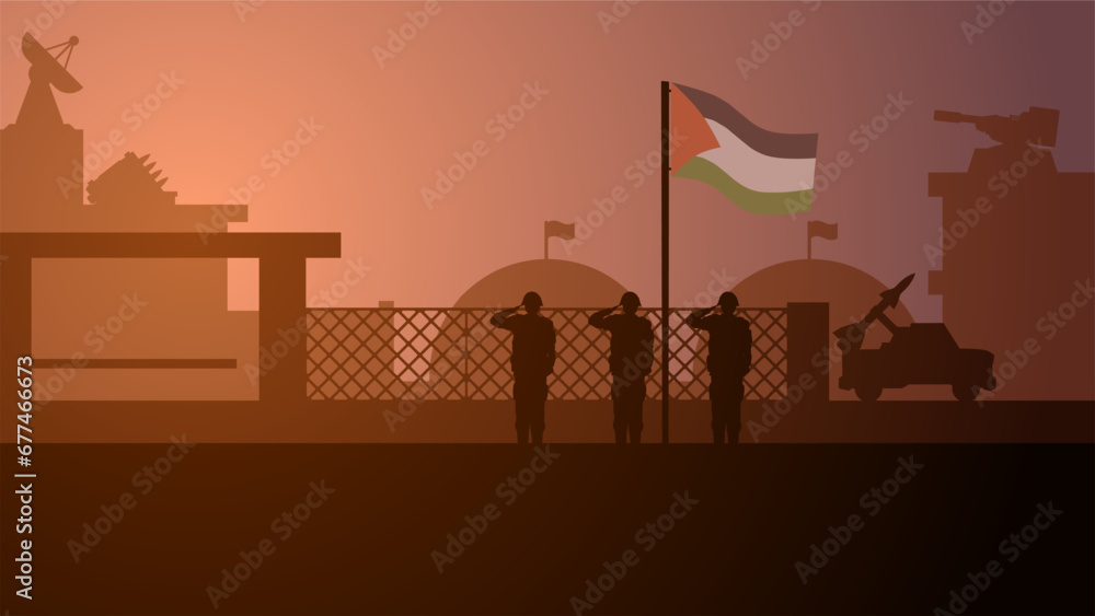 Palestine military base landscape vector illustration. Silhouette of ...