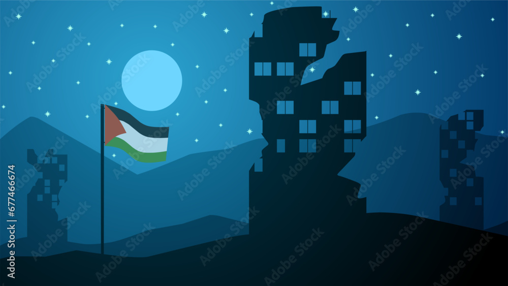 Palestine landscape vector illustration. Silhouette of destroyed city ...