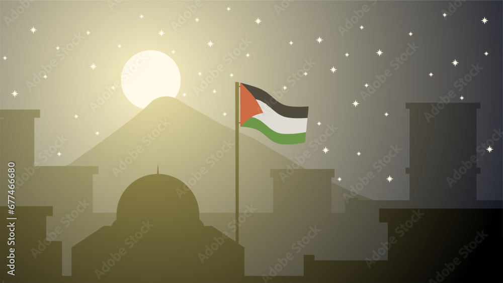 Palestine landscape vector illustration. Silhouette of al aqsa mosque ...