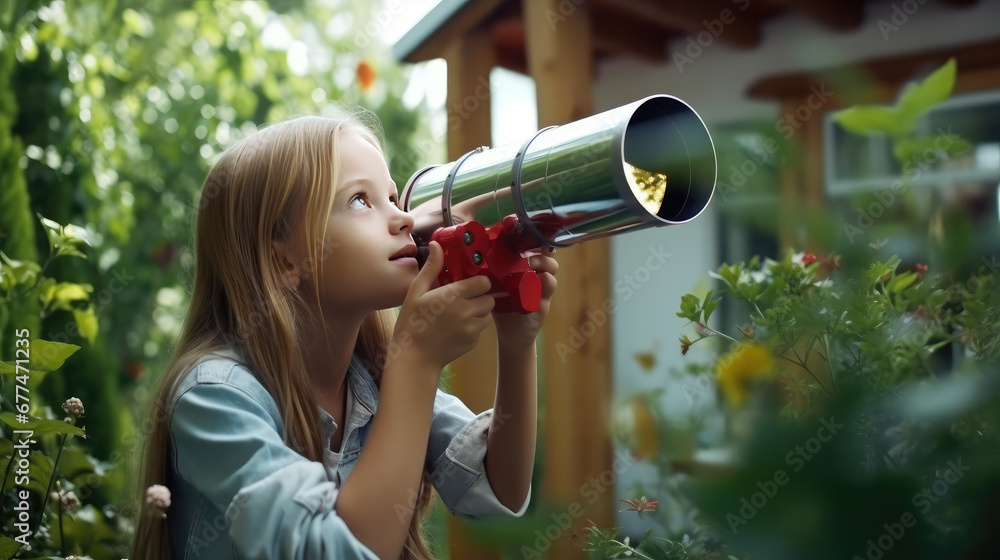 Toddler girl look through big telescope in the green garden outside ...