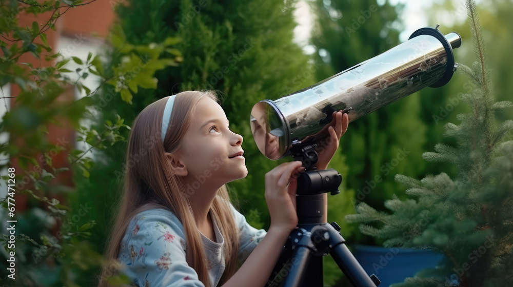 Toddler girl look through big telescope in the green garden outside ...