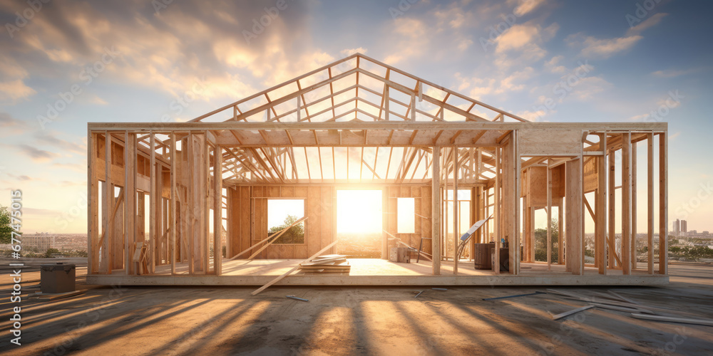 Skeleton of a new house rises, beams and pillars sketching the dream of ...