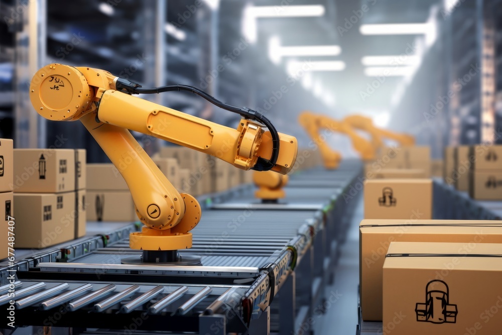 Industrial robot arm grabbing the cardboard box on roller conveyor rack ...