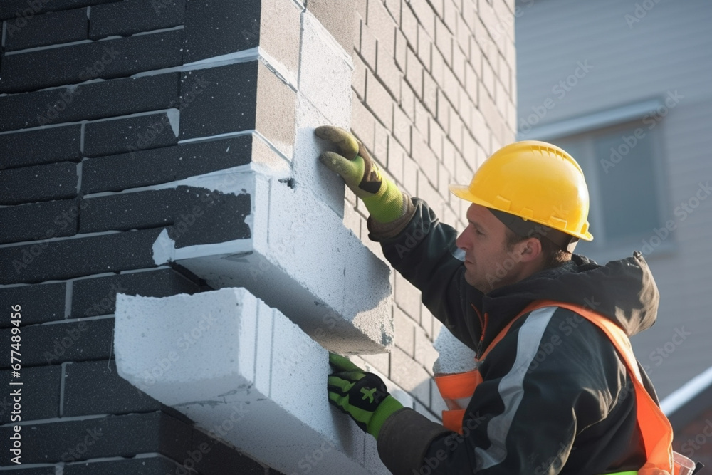 A construction worker insulates a building with styrofoam, Installation ...