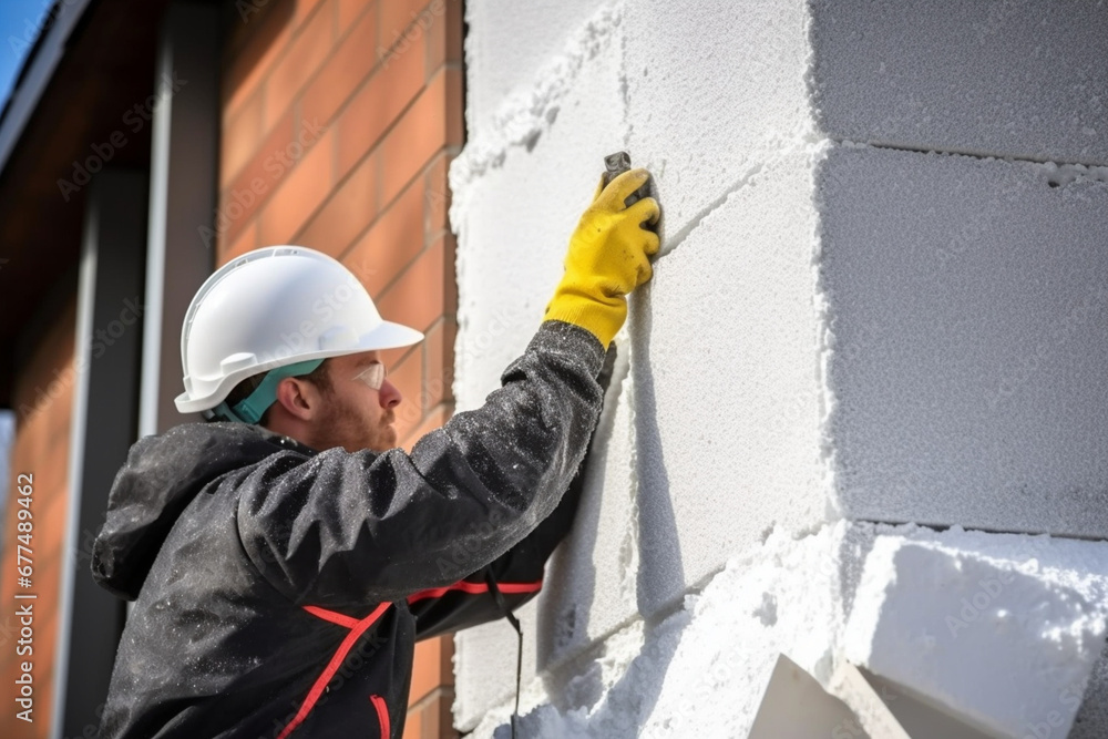 A construction worker insulates a building with styrofoam, Installation ...