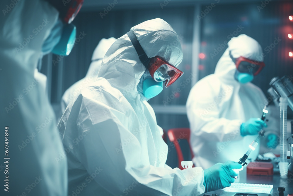 Blood, covid and doctors in a science laboratory testing dna and rna to ...