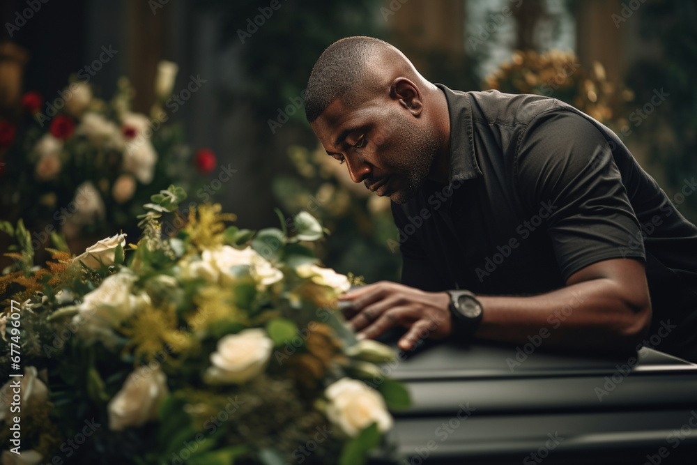 Funeral coffin, death and black man sad, grieving and mourning loss of ...