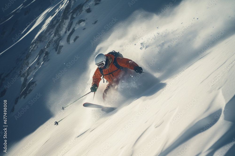 Overhead perspective of a powder skier descending pristine slope Stock ...