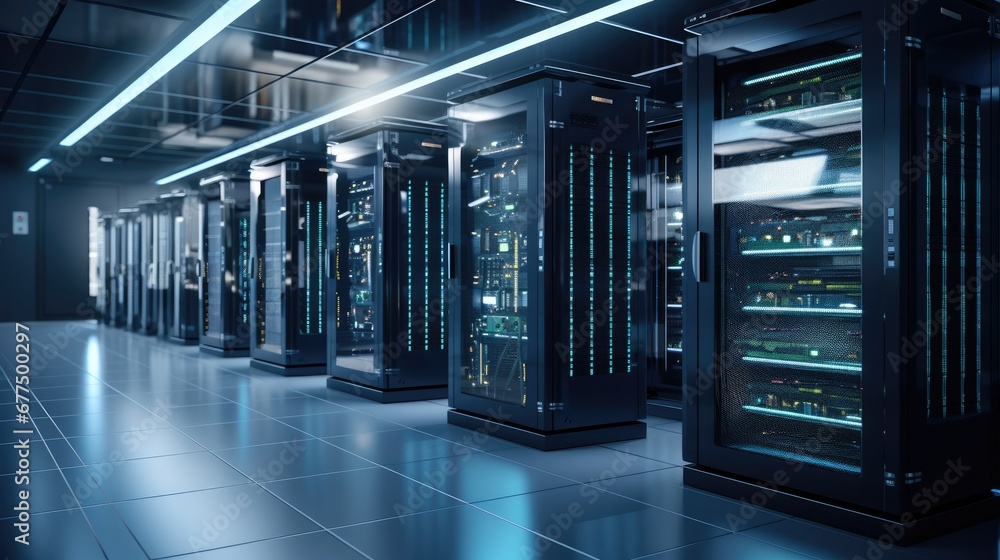 Server racks digital business in a large data center warehouse filled ...