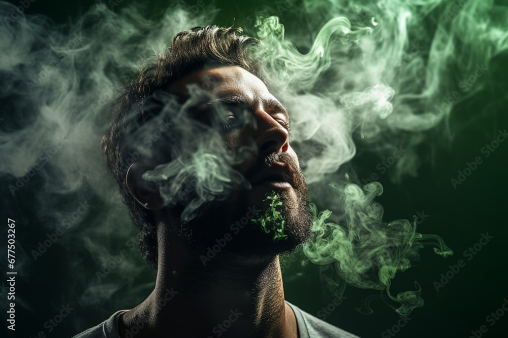 Smoke, cloud and face of man with pollution for marijuana smoker health ...