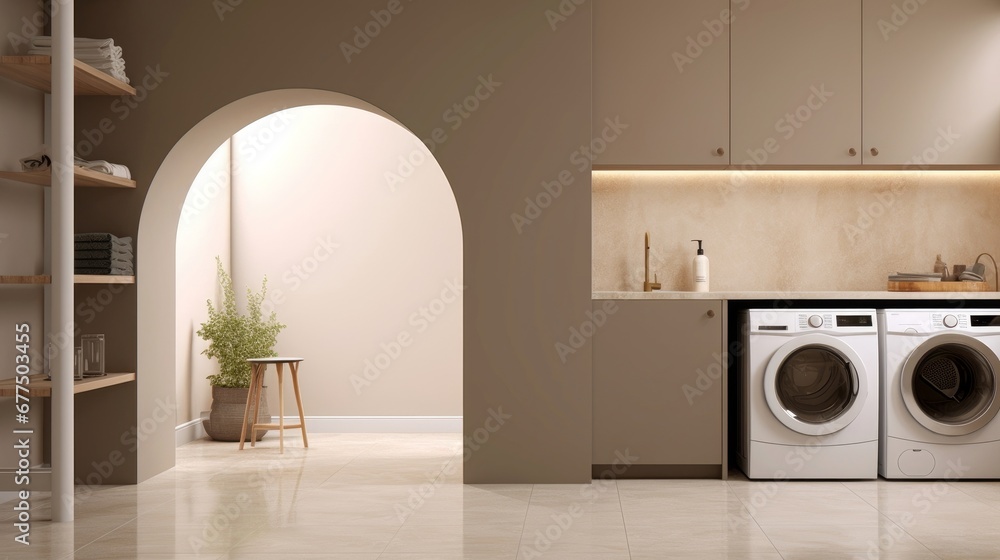 Blank beige brown wall with arch doorway to laundry room, modern design ...