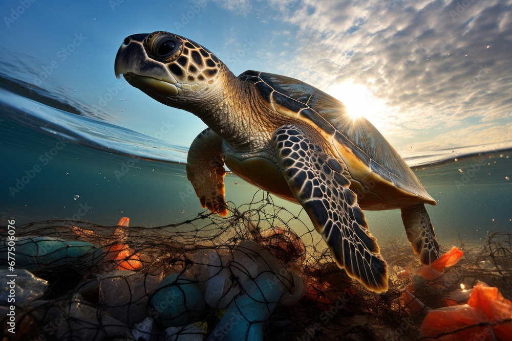 Plastic's threat to ocean life, A sea turtle amidst polluted waters ...