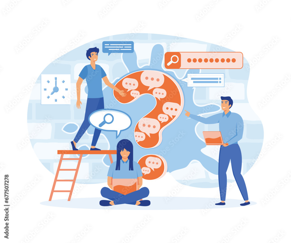 Men and women asking questions, discussing, searching for answers ...