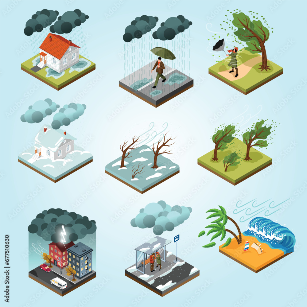 isometric storm weather icon set nine isolates with different weather ...