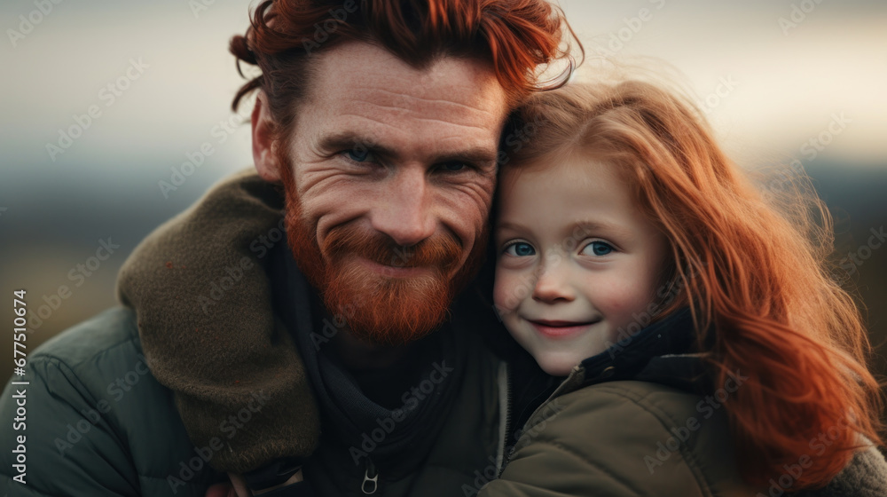 Caucasian red haired father embracing with his cute little child ...
