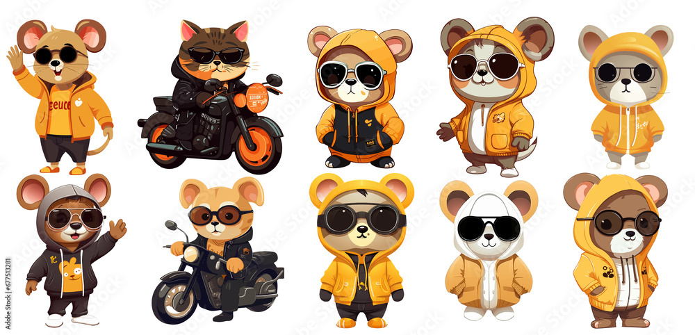 set of cool mouse, funny mouse clipart sticker on transparent, isolated ...