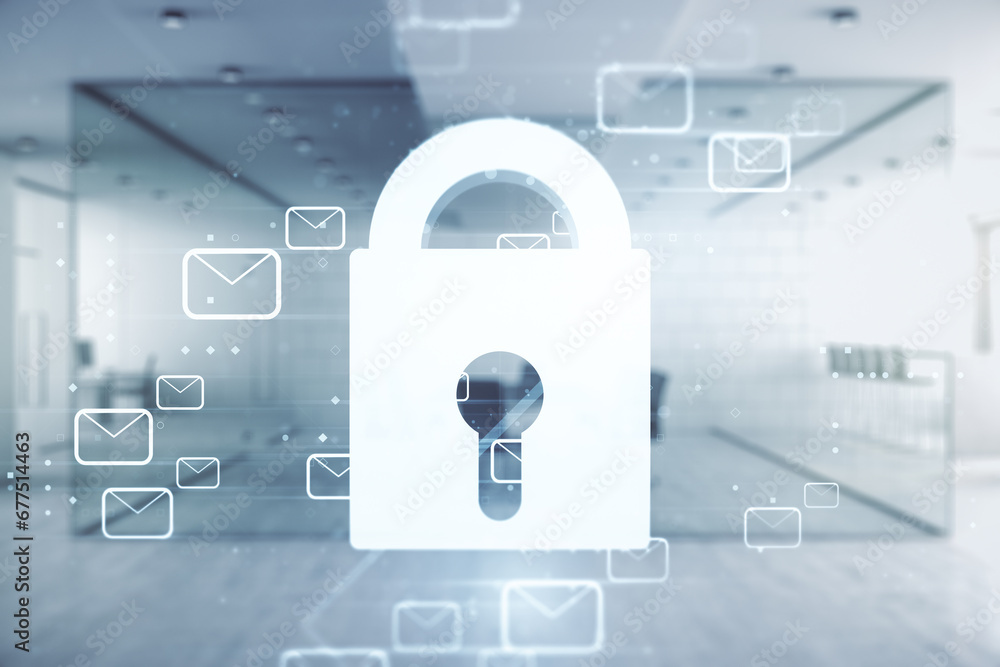 Abstract virtual lock sketch with email symbols hologram on a modern ...