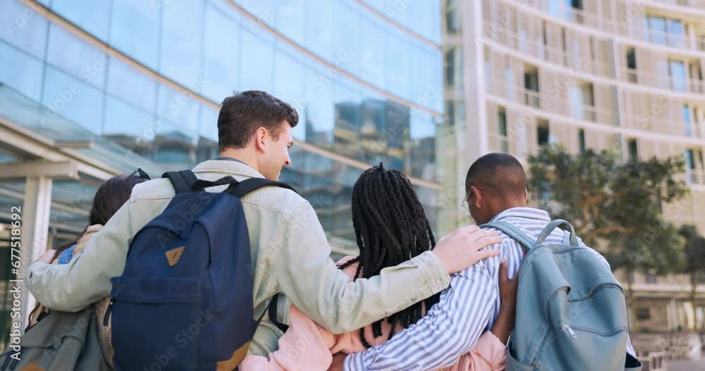 University group, walking and people hug, support and journey for ...