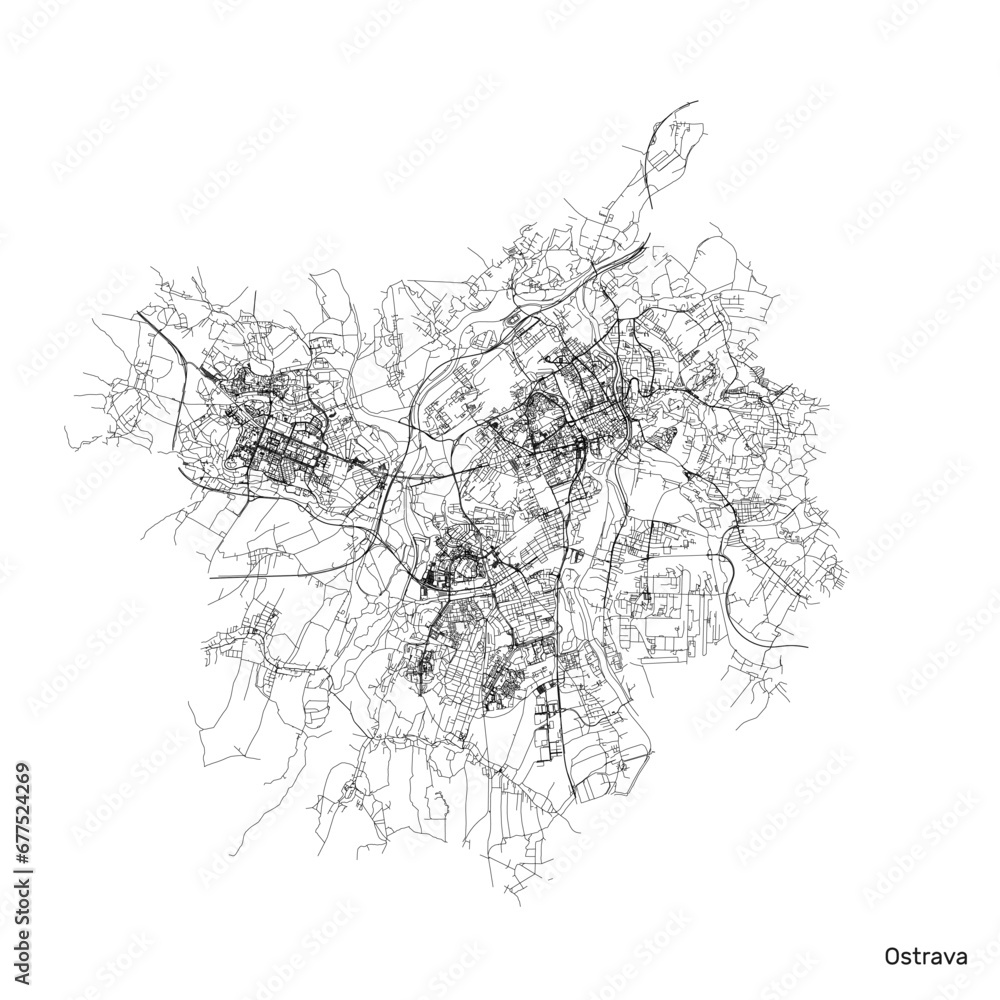 Ostrava city map with roads and streets, Czech Republic. Vector outline ...