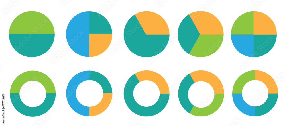 A set of pie charts. Fractions, fractions, percentages. Circular icons ...