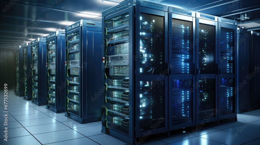 Server racks digital business in a large data center warehouse filled ...