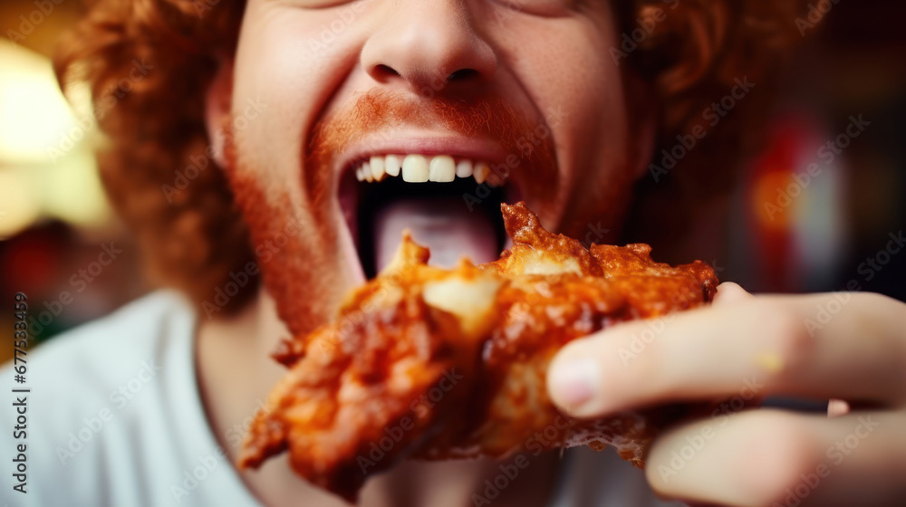 man eating a takeaway fried chicken wing from fast food cafe with a ...