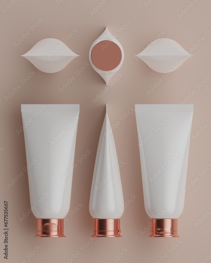 The row of plain white and rose gold packaging fliptop tubes of ...