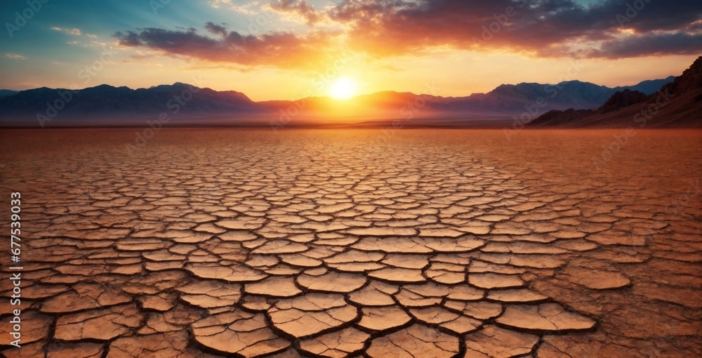 Dry land catastrophic climat change Cracked soil arid with sunset sky ...