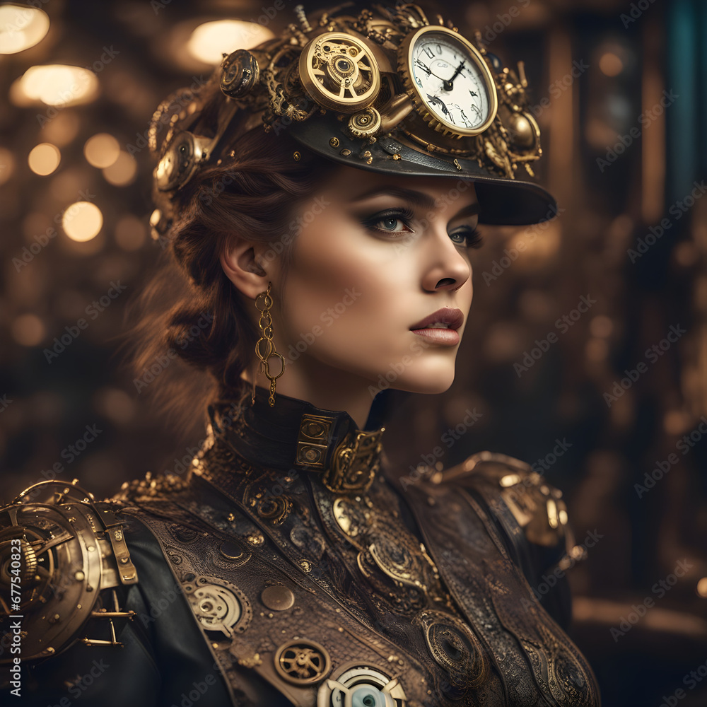 A beautiful female model in a retro futuristic fashion display with ...