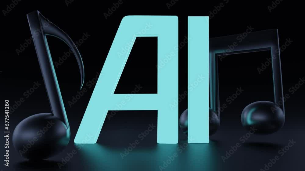 3D animation of glowing AI symbols intertwined with musical notes ...
