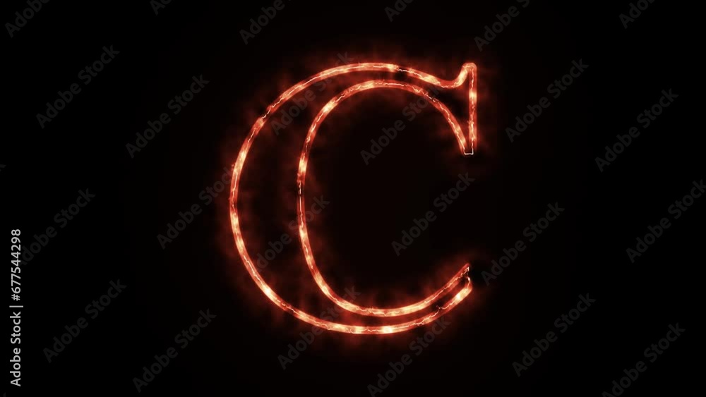 C Fire letter animation on a black background, C Fire letter. Burning ...