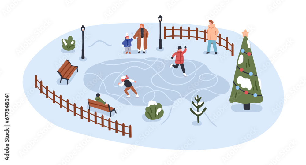 Ice skate rink on winter holidays. Families with children, kids skating ...