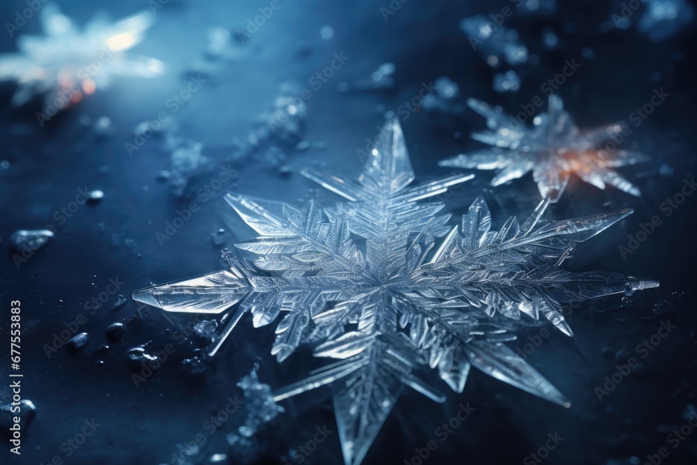 Snowflake Ice Crystals Falling On Frozen Ground On Winter Night ...