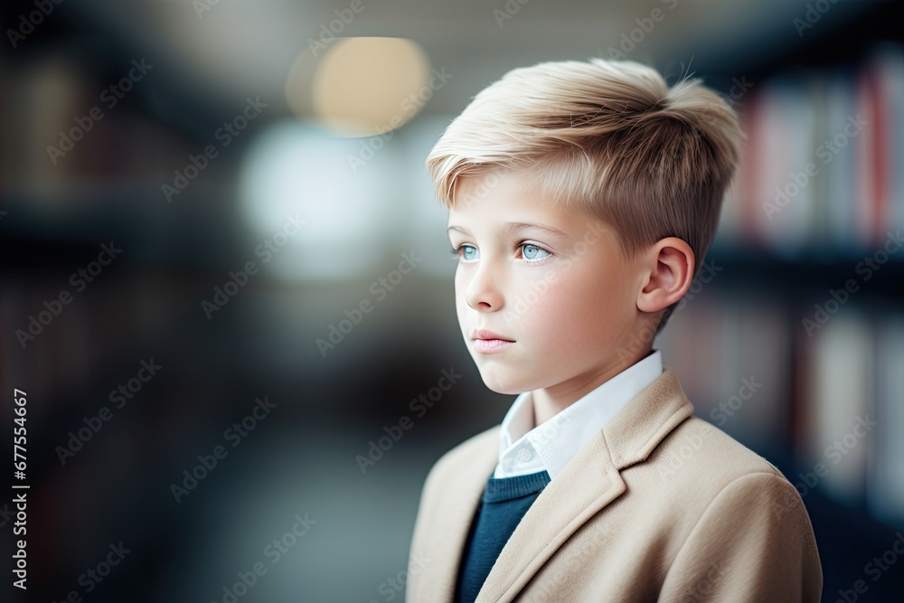 Portrait of a cute young boy with a serious and thoughtful expression ...