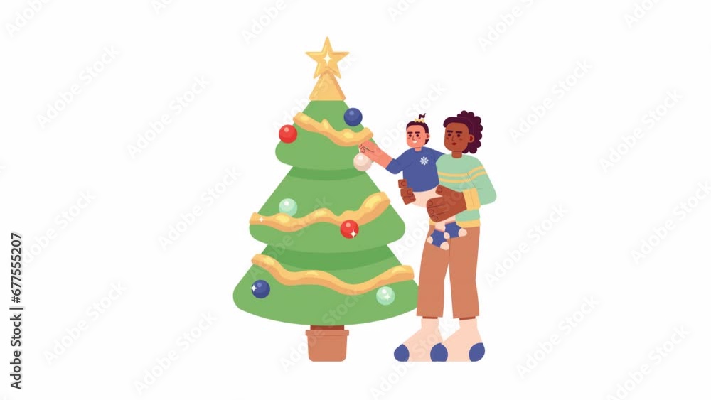 Mother little girl decorating Christmas tree 2D characters animation ...