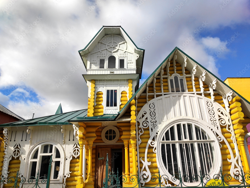 Kimry, Tver region, Russia – September 25, 2023: Yellow wooden house, called Teremok, used to ...