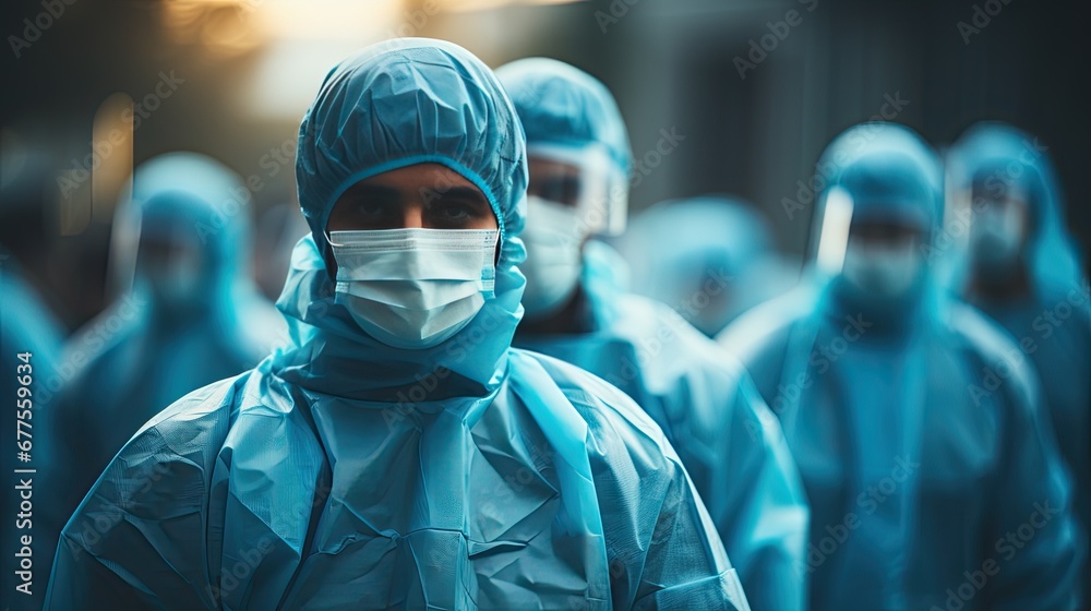 Medical staff wearing sterile suits perform surgery in a operating room ...