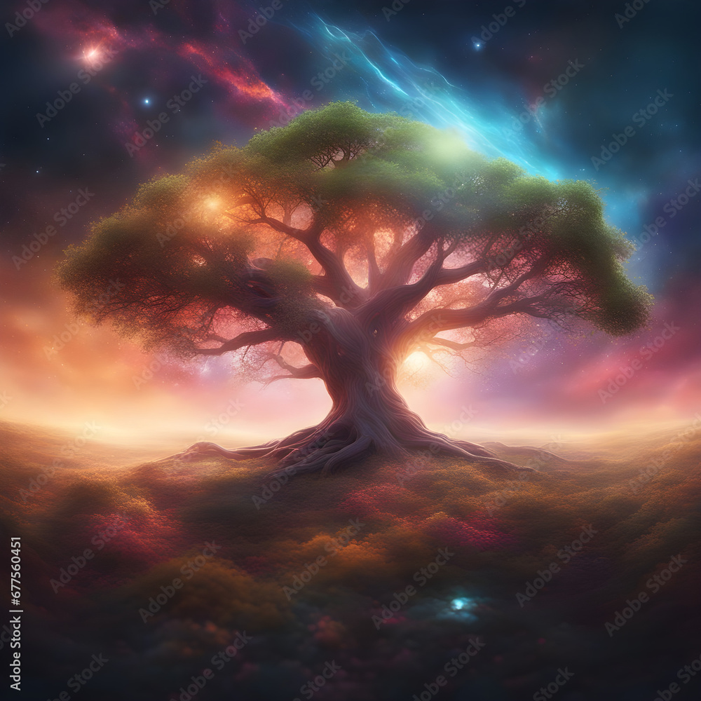 The birth of creation as a leafy tree in an epic galactic sky ...